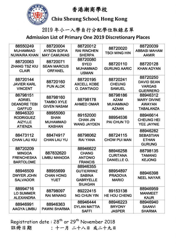 Admission List of Primary One 2019 Discretionary Places | Chiu Sheung ...